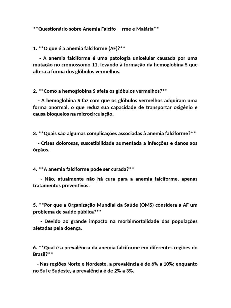 Questionário Sobre Anemia Falcifo Rme e Malária | PDF