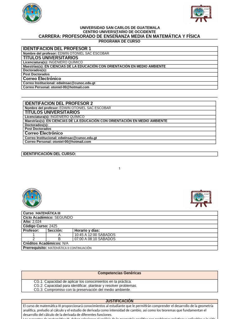 Programa de Matematica Iii Segundo Semestre Cunoc 2024 | PDF