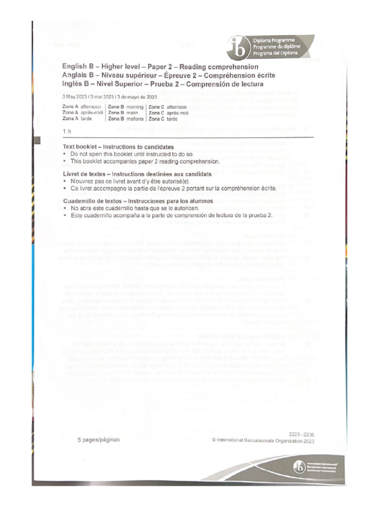 English B Paper 2 Reading Comprehension Text Booklet HL | PDF