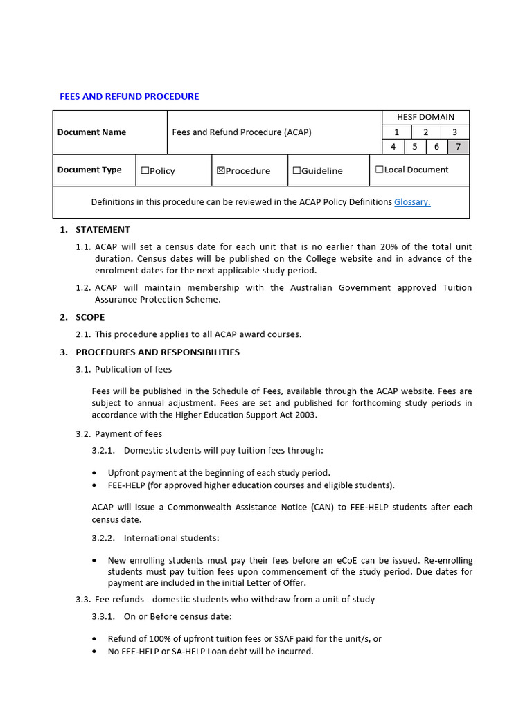Fees and Refund Procedure (ACAP) | PDF