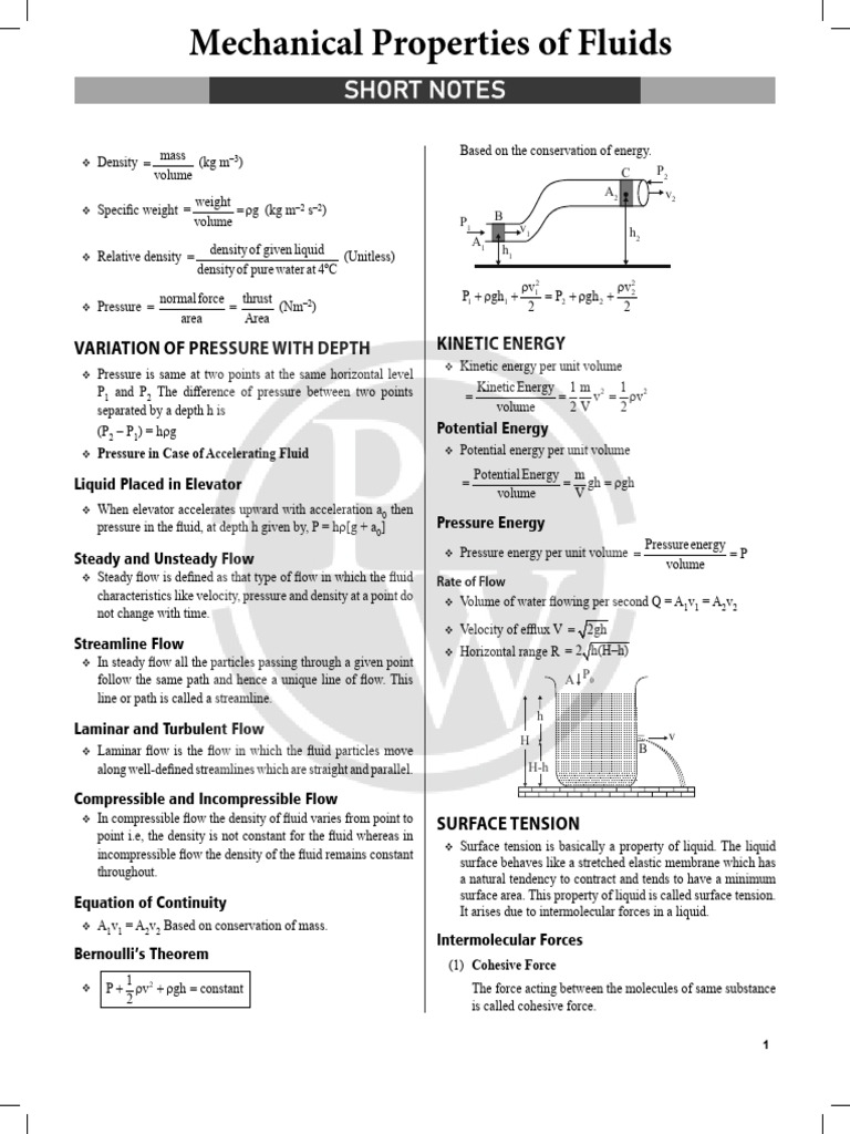 9.mechanical Properties of Fluids - Short Notes | PDF