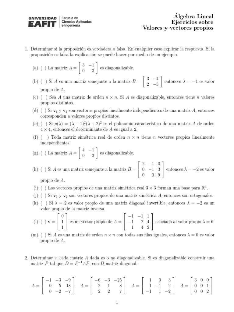 Ejercicios Álgebra Valores y Vectores Propios | PDF