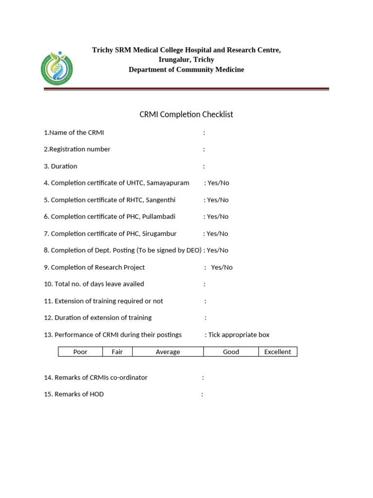 CRMI Completion Checklist for Trichy SRM | PDF | Career & Growth