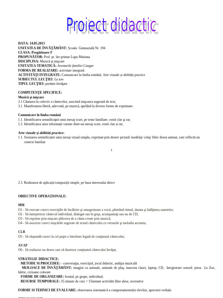 Proiect Didactic Muzica | PDF