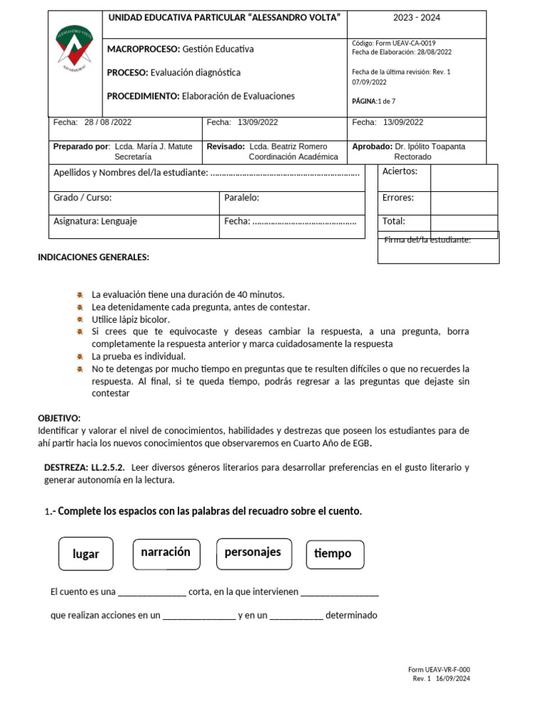 Evaluación Diagnóstica De Lenguaje Pdf 8481