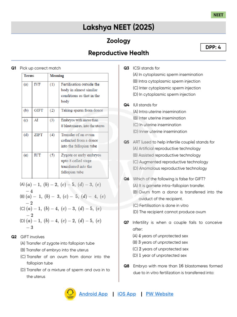 Reproductive Health - DPP 04 (Of Lecture 06) - Lakshya NEET 2025 | PDF