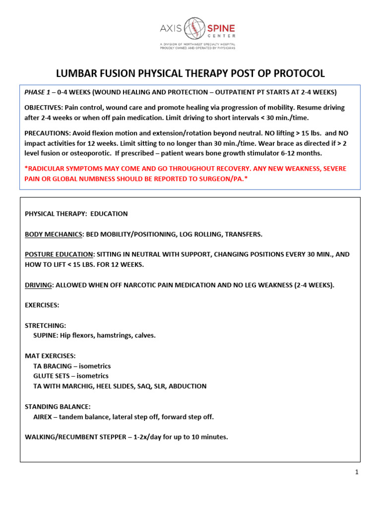 Lumbar Fusion Physical Therapy Post Op Protocol | PDF