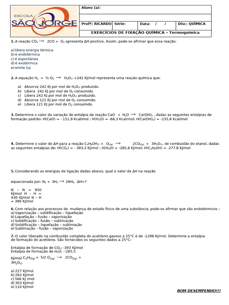 EXERCÍCIO TERMOQUÍMICa | PDF