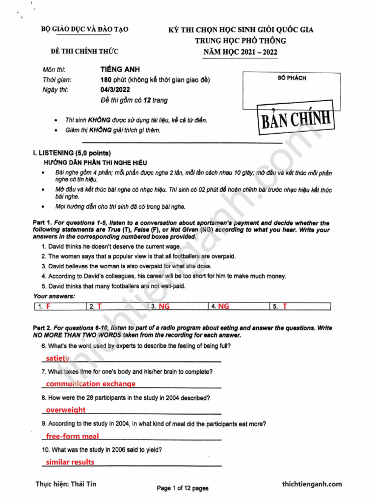 Đáp Án Tham Khảo - Hsg Qg 2021 - 2022 | PDF