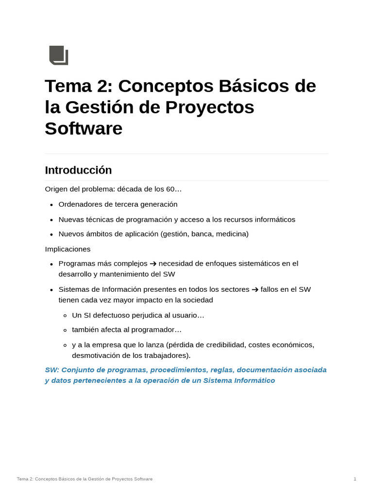 Tema 2 Conceptos Básicos de La Gestión de Proyectos | PDF | Gestión de proyectos | Software