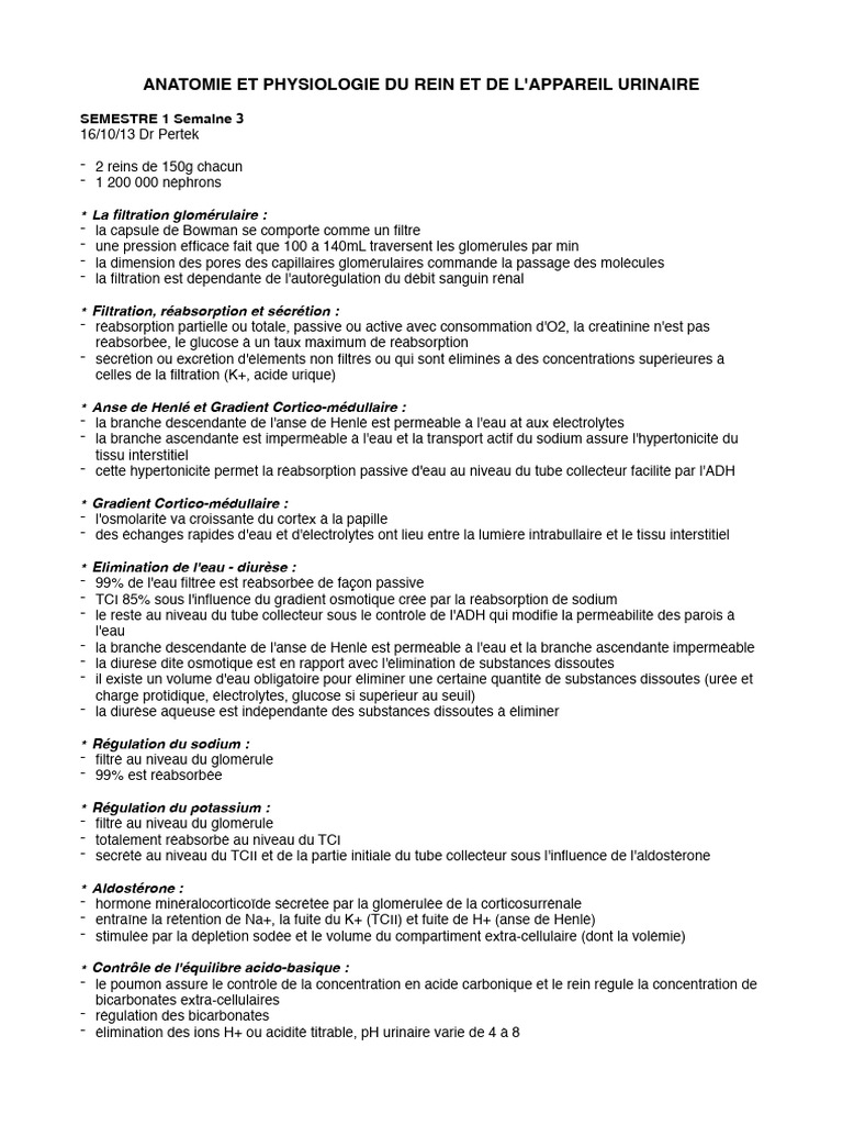 Anatomie et physiologie du rein et de l'appareil urinaire | PDF