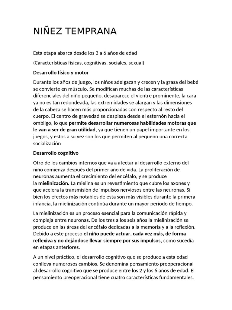 etapa NIÑEZ TEMPRANA y NIÑEZ INTERMEDIA | PDF