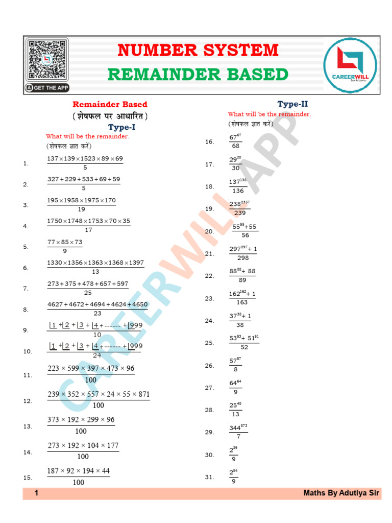 216178remainder Based Final PDF - Crwill | PDF | Division (Mathematics) | Arithmetic
