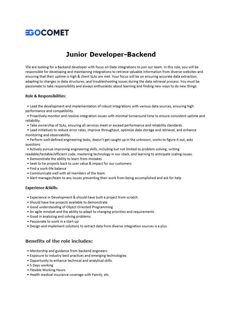 Junior Developer-Backend - Job Description | PDF