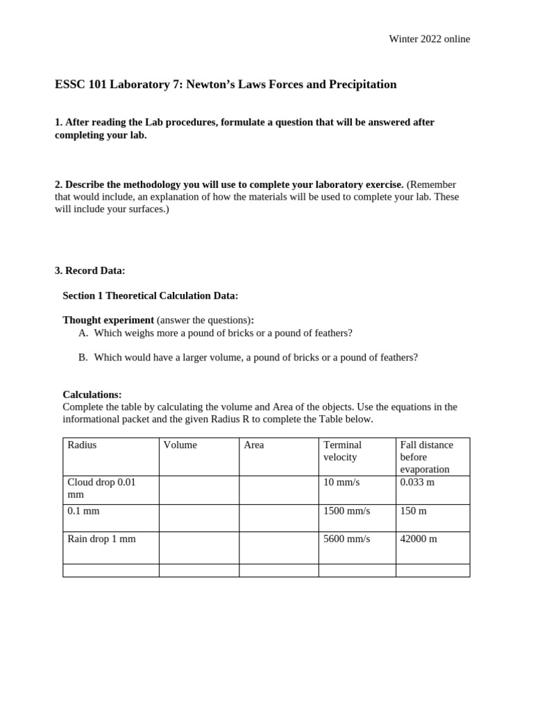 Lab 7 Newton's Laws Force and Precipitation Report W22-1 | PDF