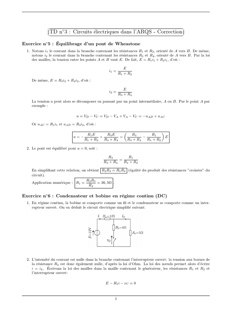 TDN 3: Circuits Electriques Dans L'Arqs - Correction: Exercice N 5: Equilibrage D'Un Pont de ...