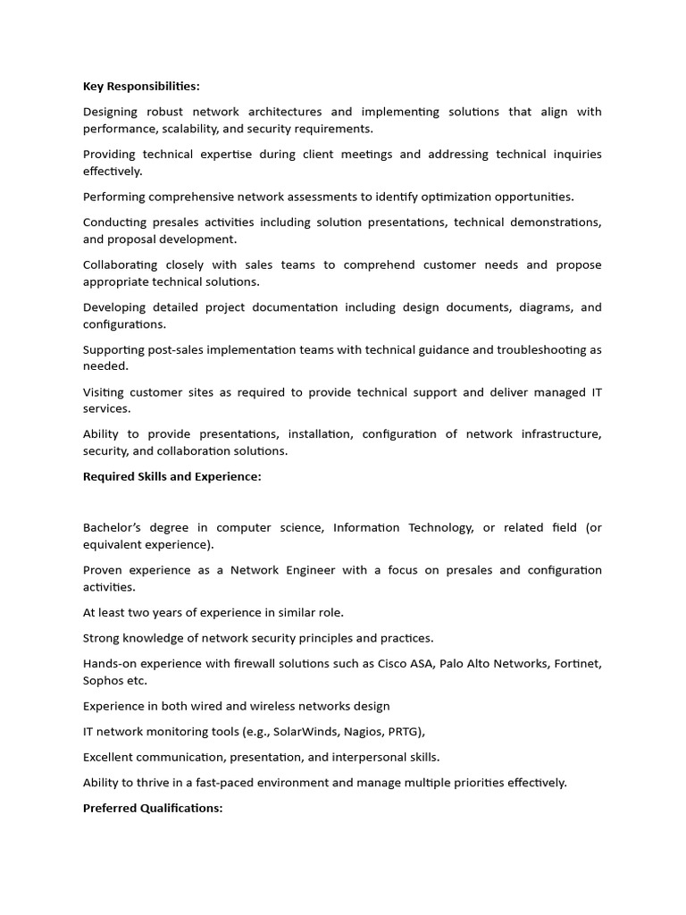 Network Engineer Job description | PDF