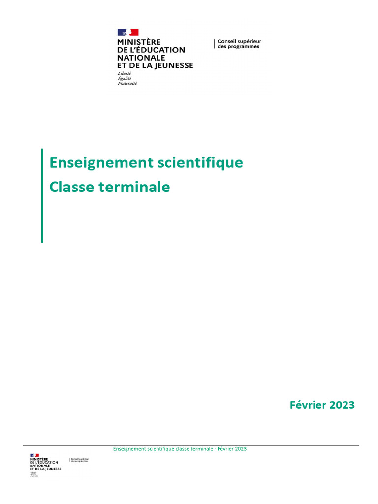 Projet de Programme D Enseignement Scientifique de La Classe Terminale de La Voie G N Rale ...