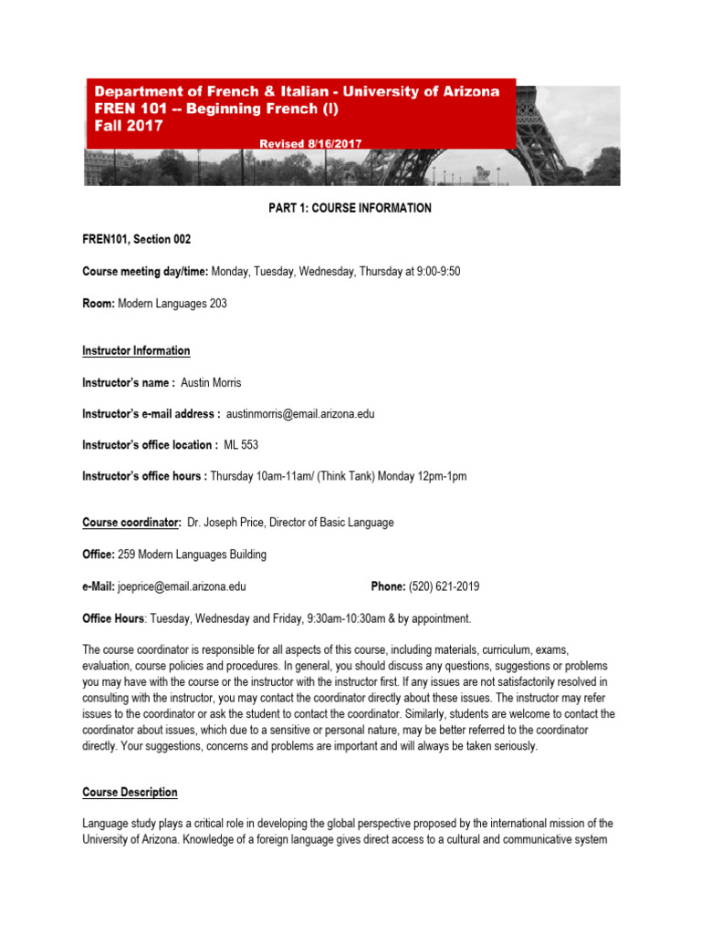 FREN 101 002 MORRIS Syllabus | PDF
