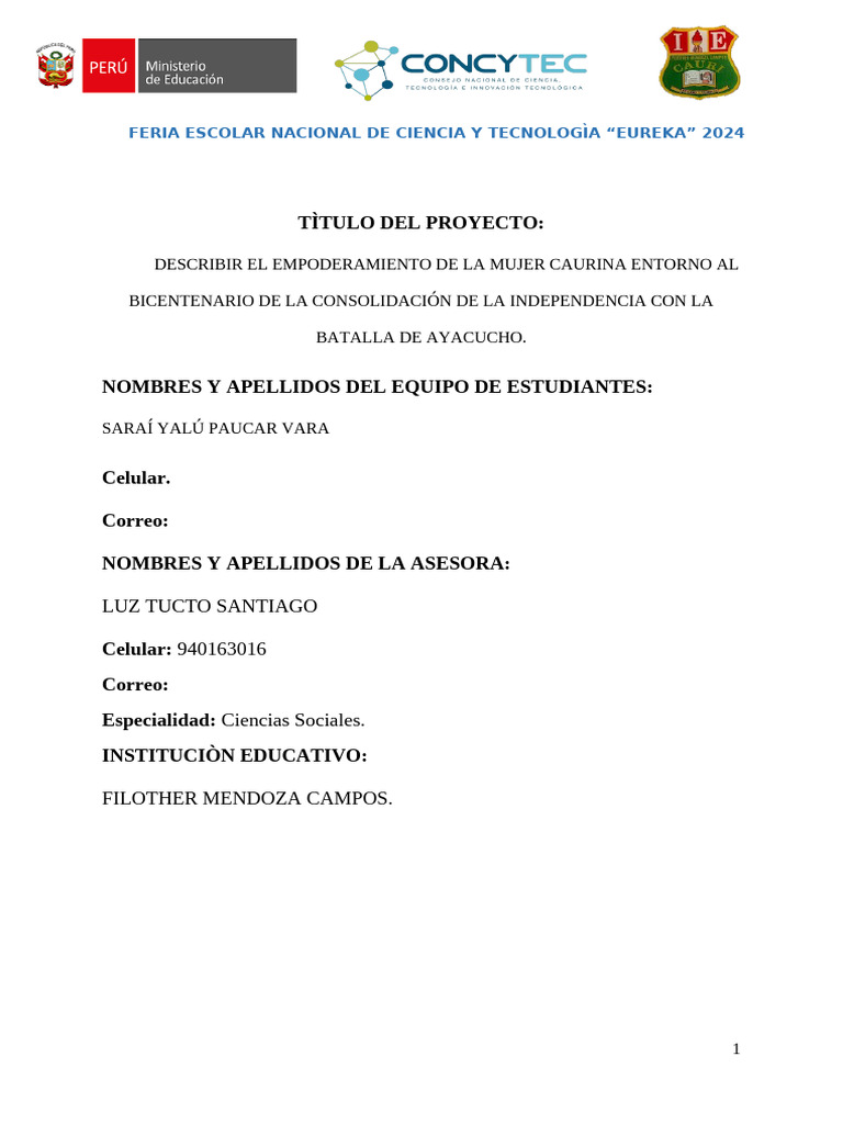 FORMATO DE PROYECTO EUREKA-CIENCIAS SOCIALES.3° A (Reparado) - 092658 | PDF