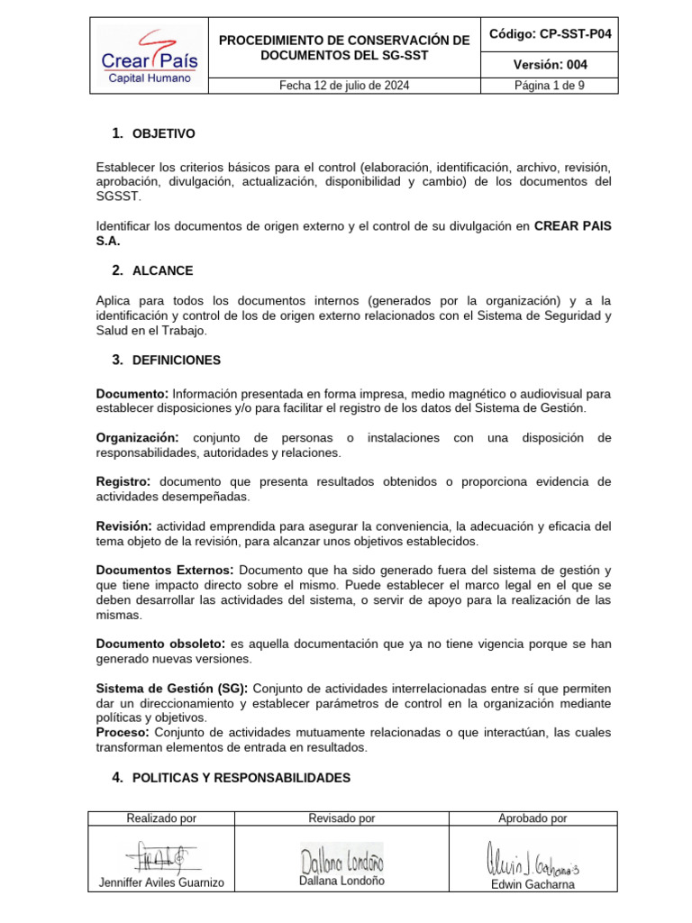 CP-SST-P04 Procedimiento Conservacion de Documentos | PDF