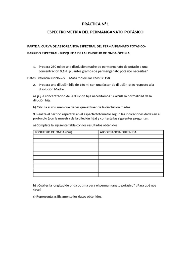 PRÁCTICA N1. Permanganato Potasico EJERCICIOS A ENTREGAR | PDF