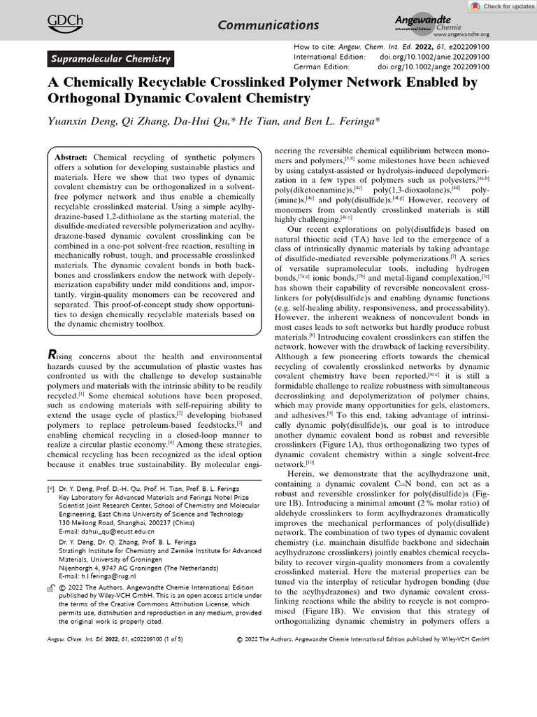 Angew Chem Int Ed - 2022 - Deng - A Chemically Recyclable Crosslinked ...
