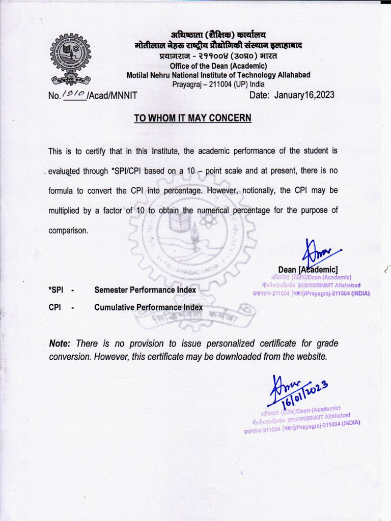 CPI To Percentage Conversion Certificate | PDF