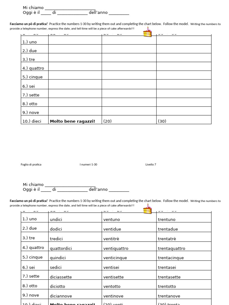 Italian Numbers Practice Sheetfor Writing | PDF
