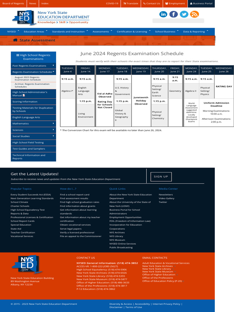 June 2024 Regents Examination Schedule New York State Education ...