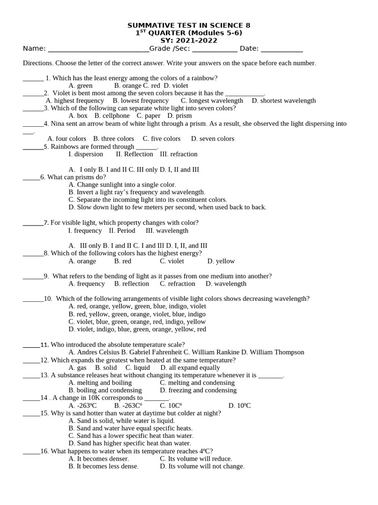 SUMMATIVE TEST IN SCIENCE Modules 5-6 | PDF | Temperature | Water