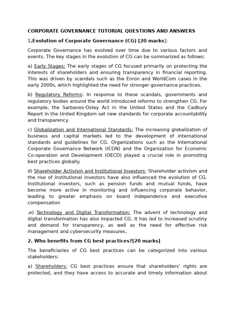 Corporate Governance Tutorial Questions and Answers | PDF