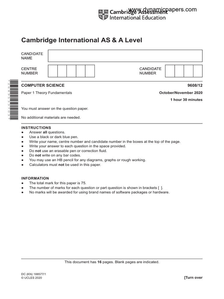 Cambridge International AS & A Level: Computer Science 9608/12 | PDF