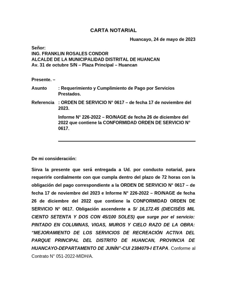Carta Notarial-Requerimiento de Pago | PDF