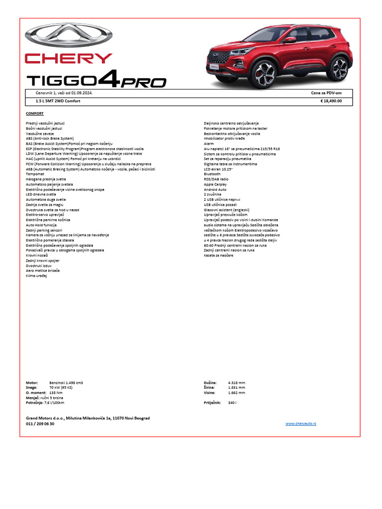 Chery - Cenovnik Tiggo 4 Pro 240913 271 | PDF