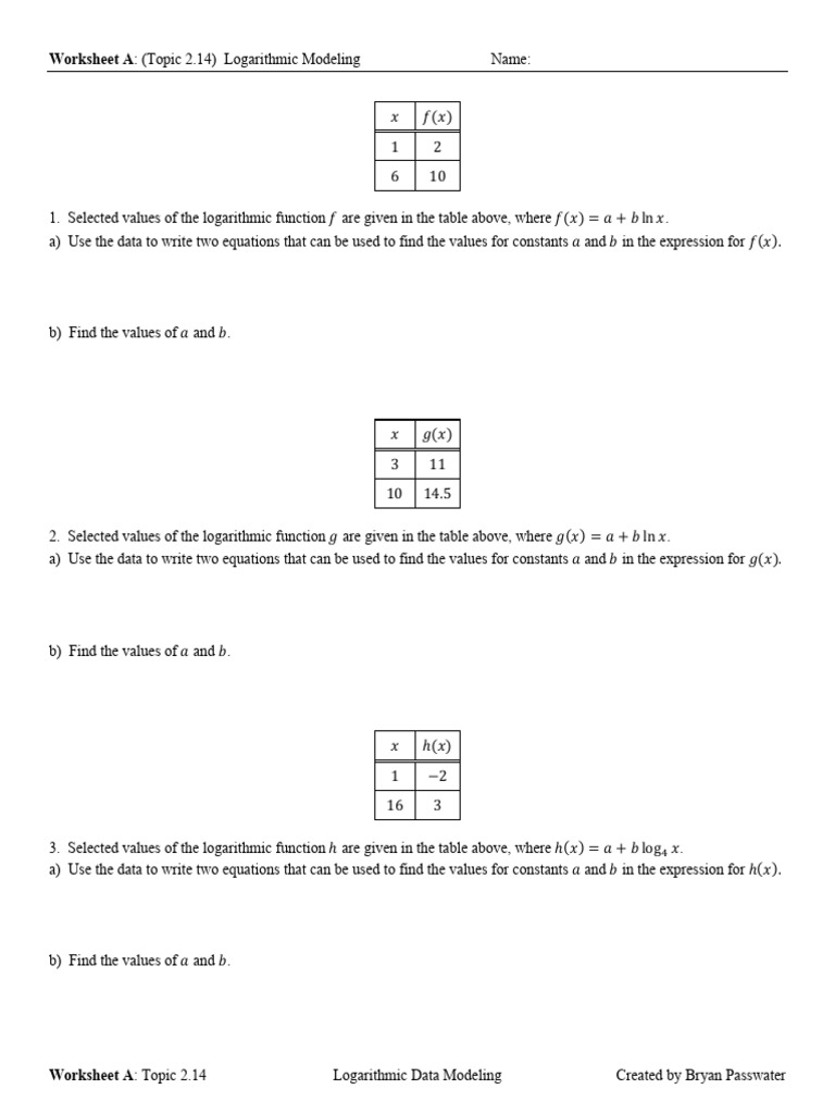 Worksheet A Topic 2 14 Logarithmic Modeling Pdf