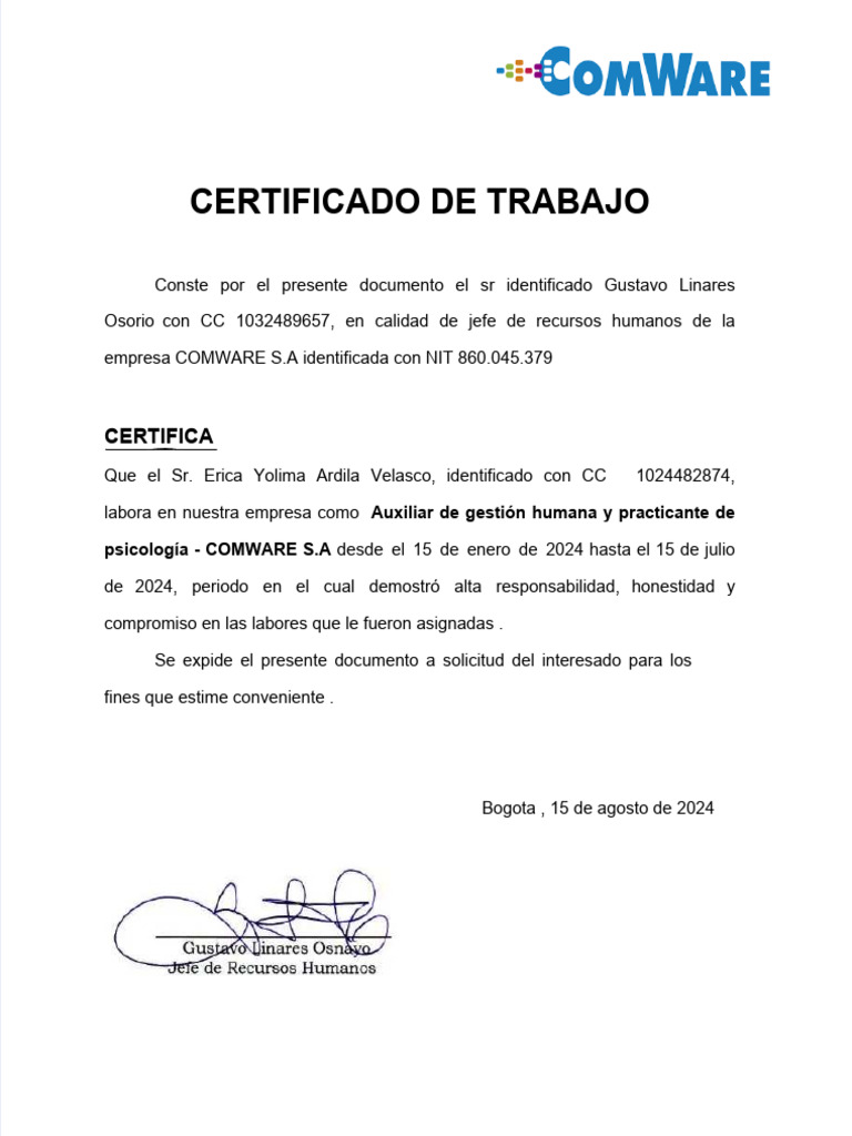 CERTIFICADO DE TRABAJO COMWARE | PDF