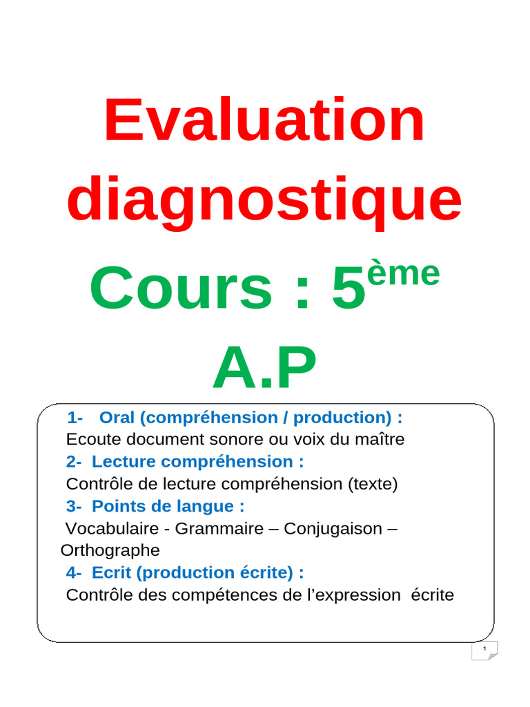 Fiches de L'évaluation Diagnostique 5ème A.P | PDF
