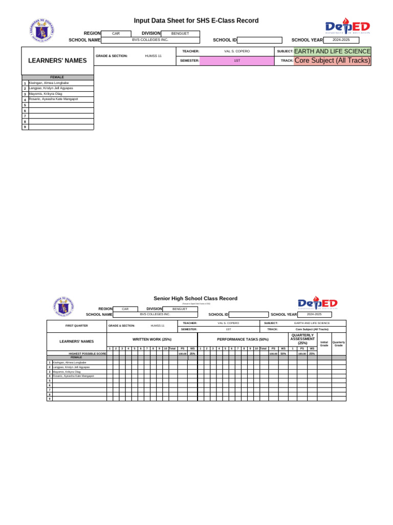 SH Sci 1 Humss 11 Class Record | PDF