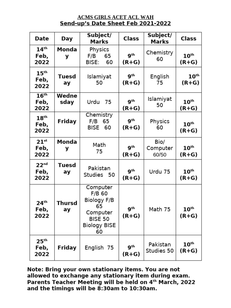 Send Ups Date Sheet Class 9 and 10th | PDF