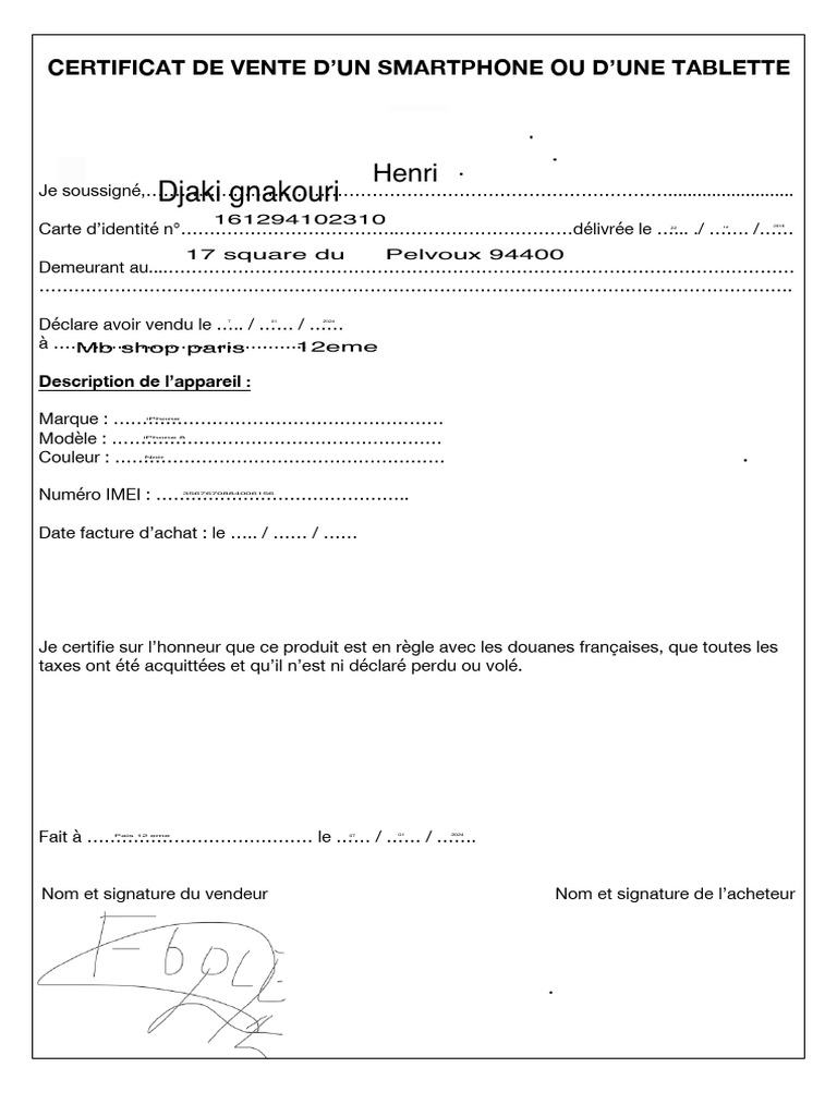 Certificat de Vente Smartphone Tablette | PDF