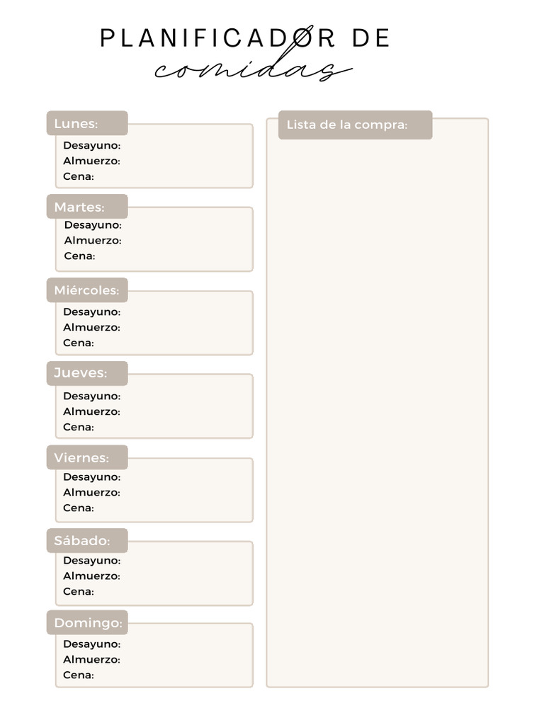 Documento A4 Planificador de Comidas Planner Minimalista Gris | PDF