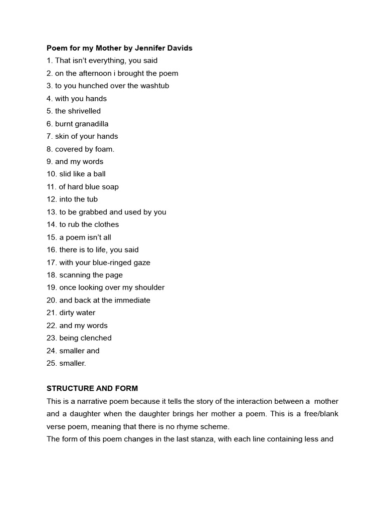 Poem For My Mother by Jennifer Davids NOTES | PDF