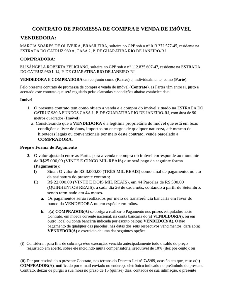 CONTRATO DE PROMESSA DE COMPRA E VENDA DE IMÓVEL - ELISANGELA | PDF