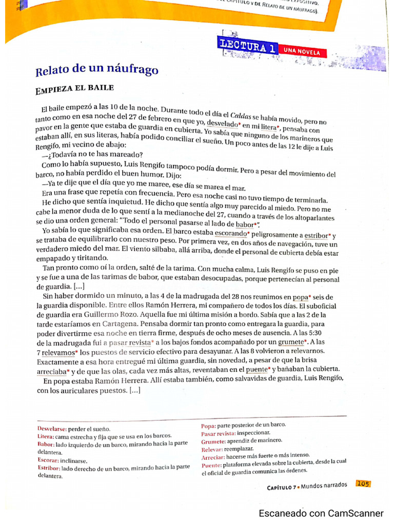 Relato de Un Náufrago de Gabriel García Márquez .5 AÑO - Mora | PDF