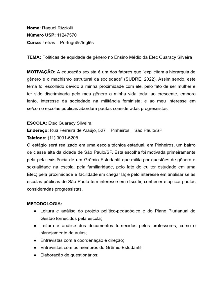 Plano de Estágio Poeb - Raquel Rizziolli 11247570 | PDF