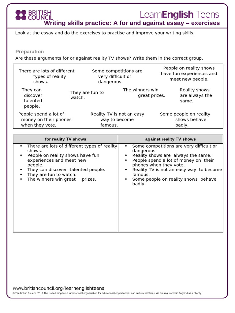 A For and Against Essay - Exercises 1 | PDF