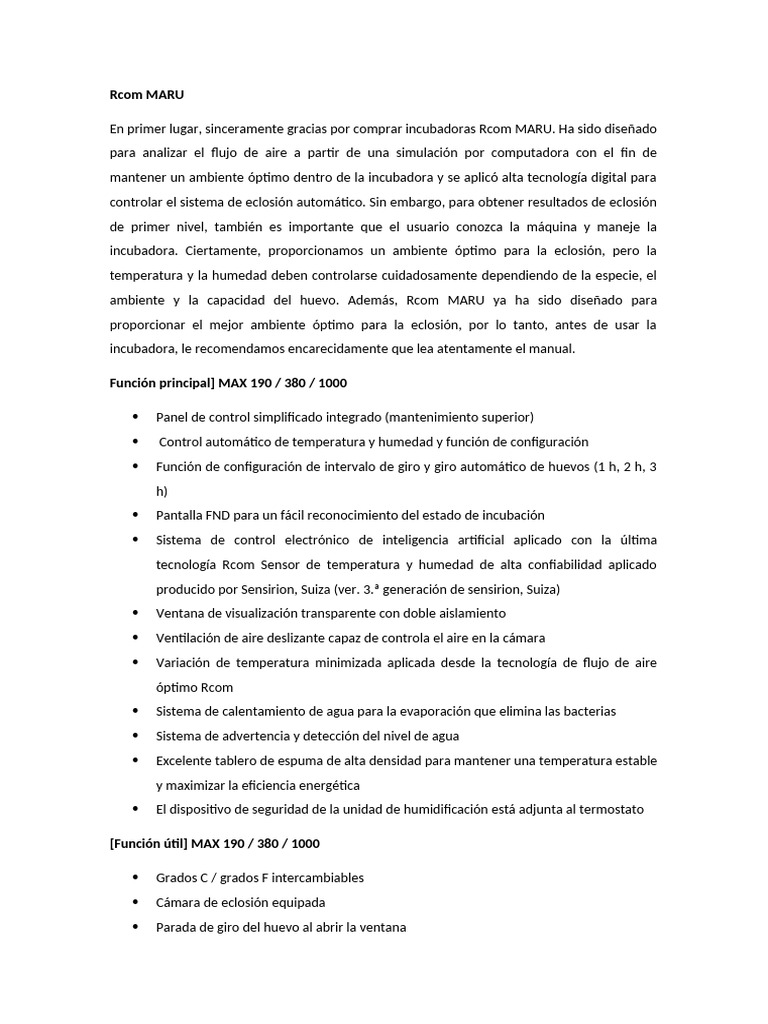 Manual de Uso Incubadora Rcom MARU | PDF