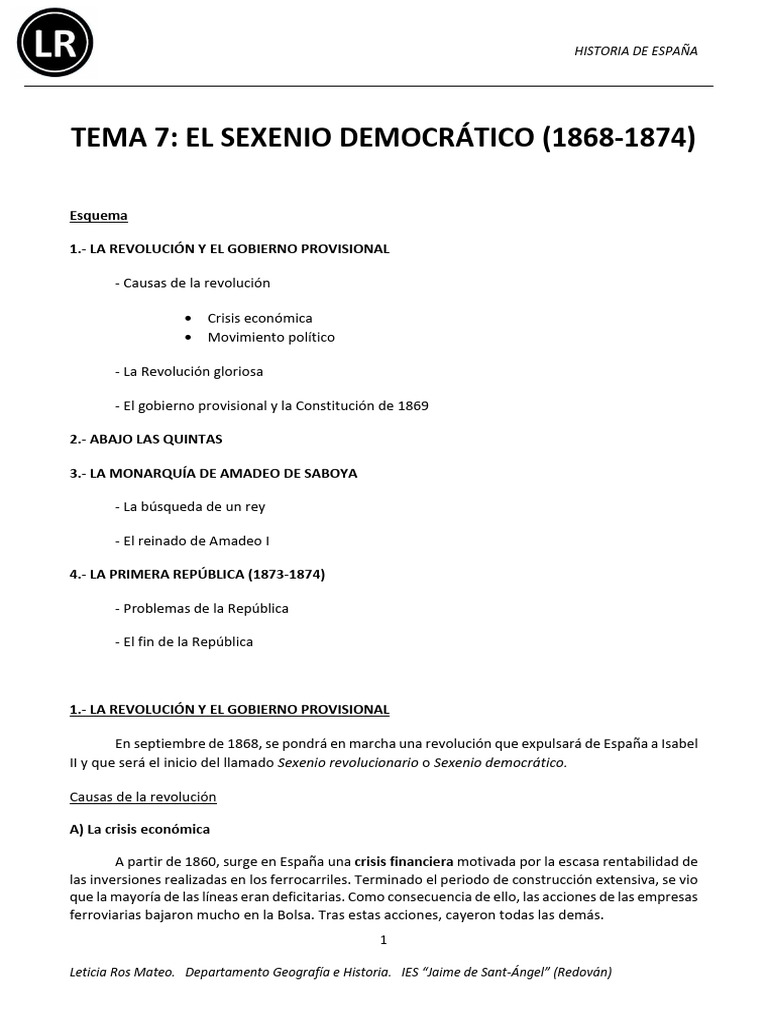 Tema 7. El Sexenio Democrático (1868-1874) | PDF