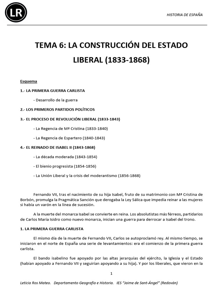 Tema 6. La Construcción Del Estado Liberal (1833-1868) | PDF